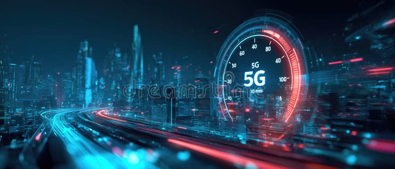 Futuristic Cityscape with 5G Speedometer Display Stock Illustration ...