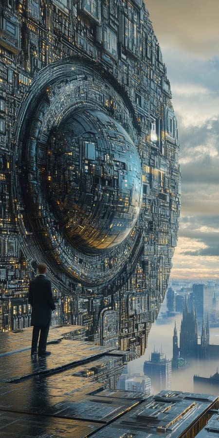 Futuristic Cityscape with Giant Sphere Structure at Dusk Stock Illustration - Illustration of ...