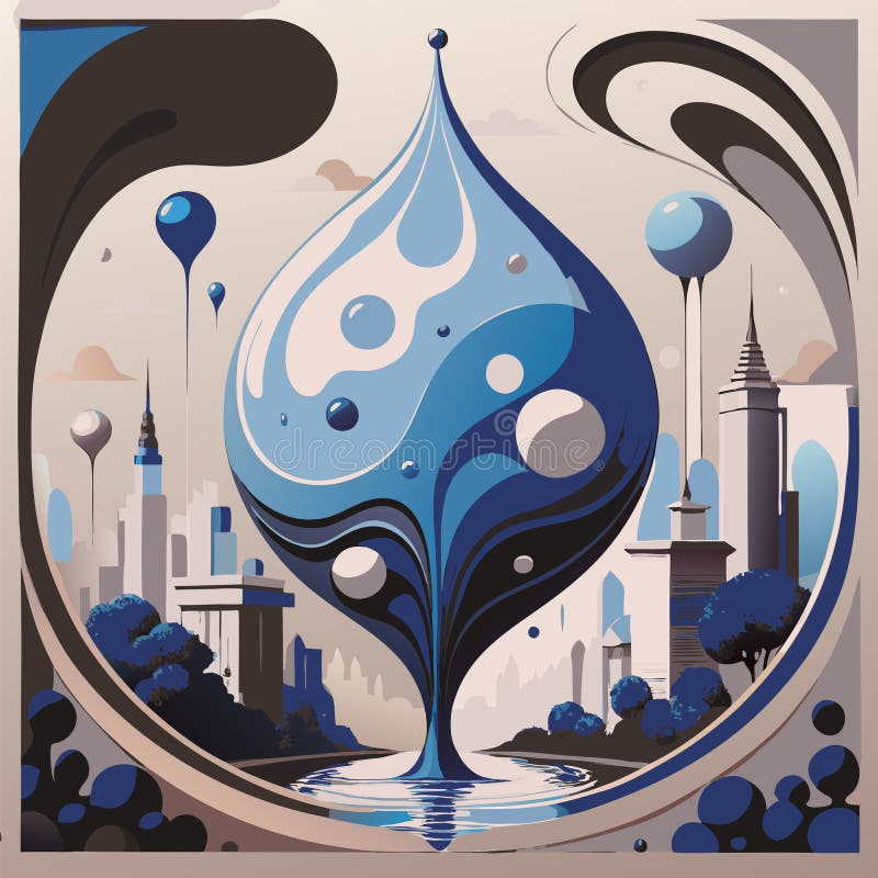 Futuristic Cityscape with a Giant Water Drop and Floating Blue Orbs in ...