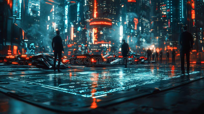 Futuristic Cityscape with Glass Panel Display and Silhouetted Figures ...
