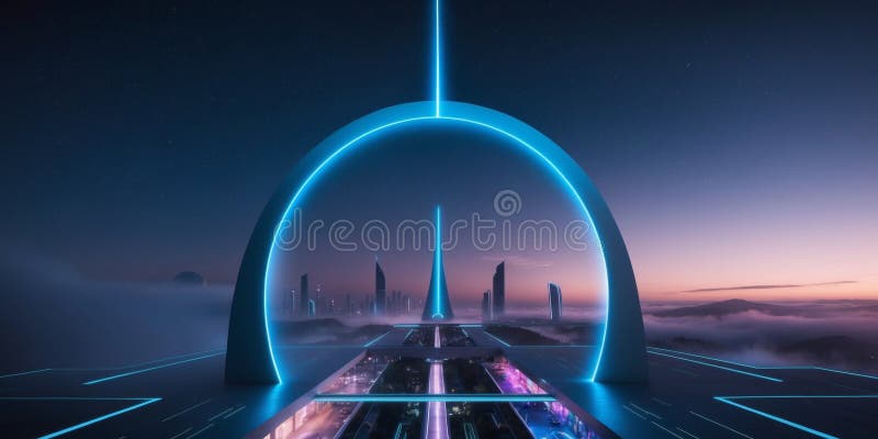 Futuristic Cityscape with Glowing Arc Portal and Night Sky. Stock Image ...