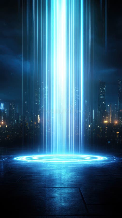 Futuristic Cityscape with Glowing Blue Light Beam at Night Stock ...