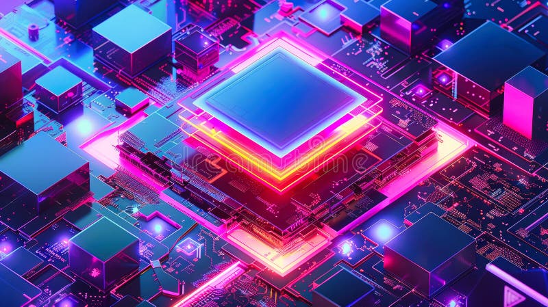 Futuristic Cityscape with Glowing Computer Chip and Holographic Data ...