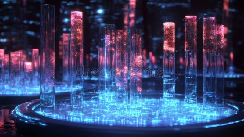 Futuristic Cityscape with Glowing Data Columns Stock Illustration ...
