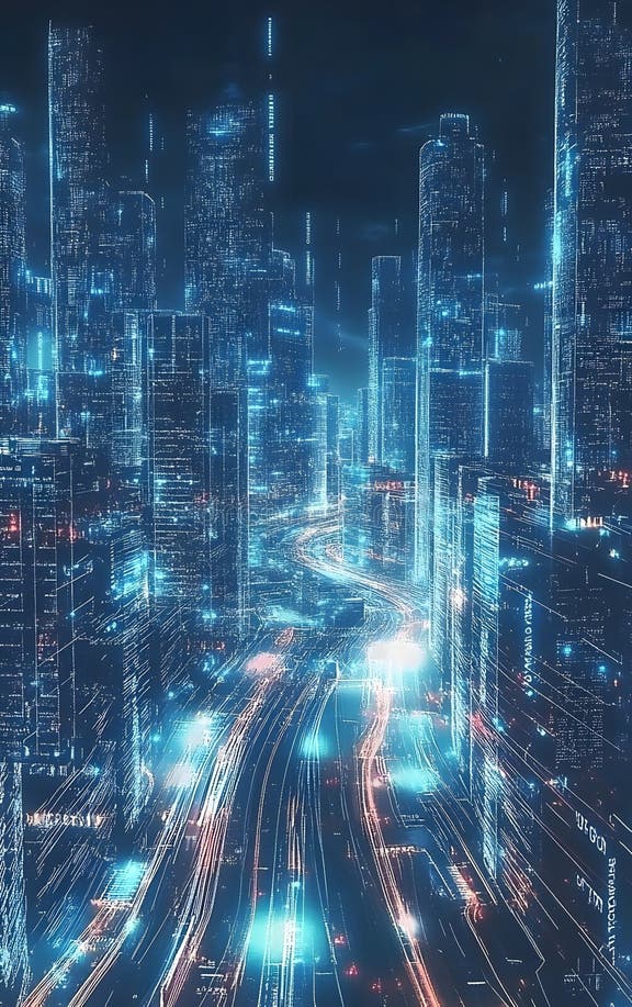 Futuristic Cityscape with Glowing Data Visualization, Showcasing Modern ...