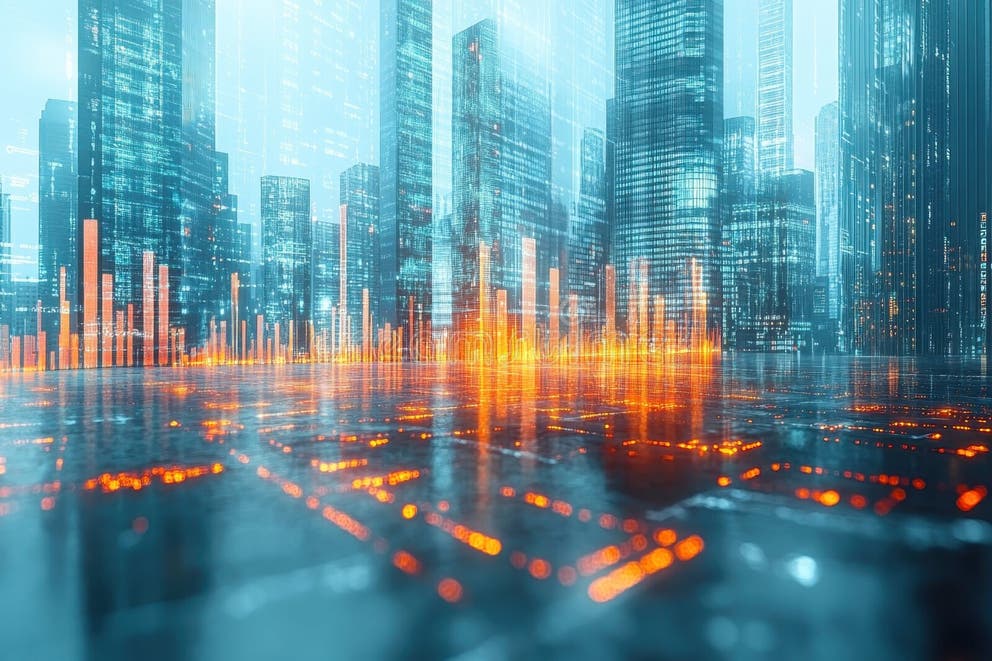 Futuristic Cityscape with Glowing Data Visualizations at Sunrise Stock ...