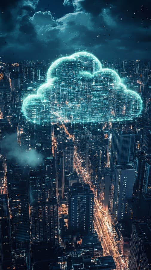Futuristic Cityscape with Glowing Digital Cloud Over Skyline at Night ...