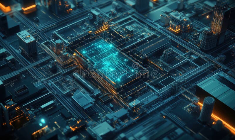 Futuristic Cityscape with Glowing Digital Grid Overlay, Showcasing ...