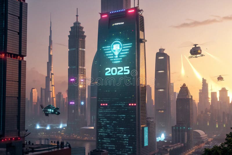 Futuristic Cityscape with Glowing Digital Interface Displaying Year ...