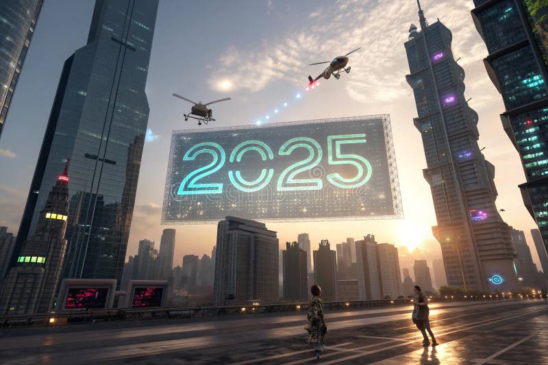 Futuristic Cityscape with Glowing Digital Interface Displaying Year ...