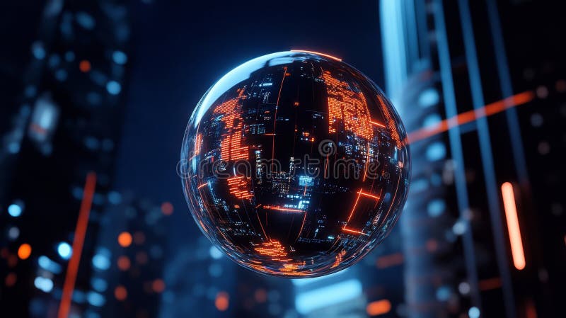 A Futuristic Cityscape with a Glowing Digital Sphere Symbolizing ...