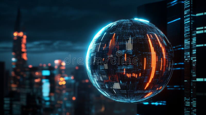 Futuristic Cityscape with a Glowing Digital Sphere Symbolizing ...