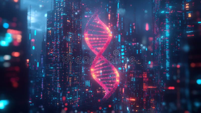 Futuristic Cityscape with Glowing DNA Helix Stock Image - Image of ...