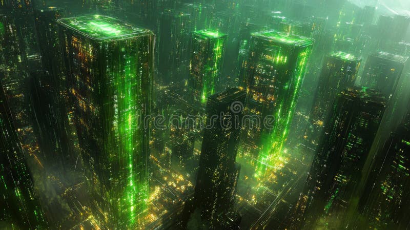 Futuristic Cityscape Glowing Green Towers at Night Stock Illustration ...