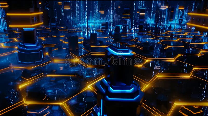 Futuristic Cityscape with Glowing Hexagon Structures and Vertical ...
