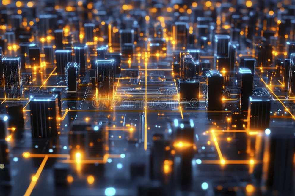 A Futuristic Cityscape with Glowing Lights and a Complex Grid. Stock Photo - Image of energetic ...