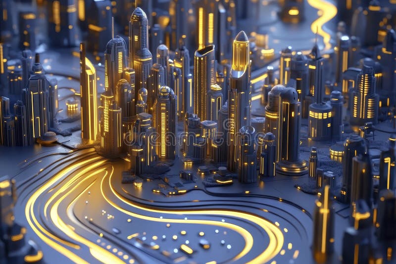 A Futuristic Cityscape with Glowing Lights and a Complex Grid. Stock ...