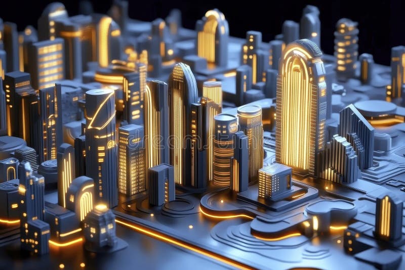 A Futuristic Cityscape with Glowing Lights and a Complex Grid. Stock ...