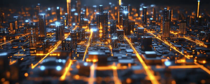 A Futuristic Cityscape with Glowing Lights and a Complex Grid. Stock ...