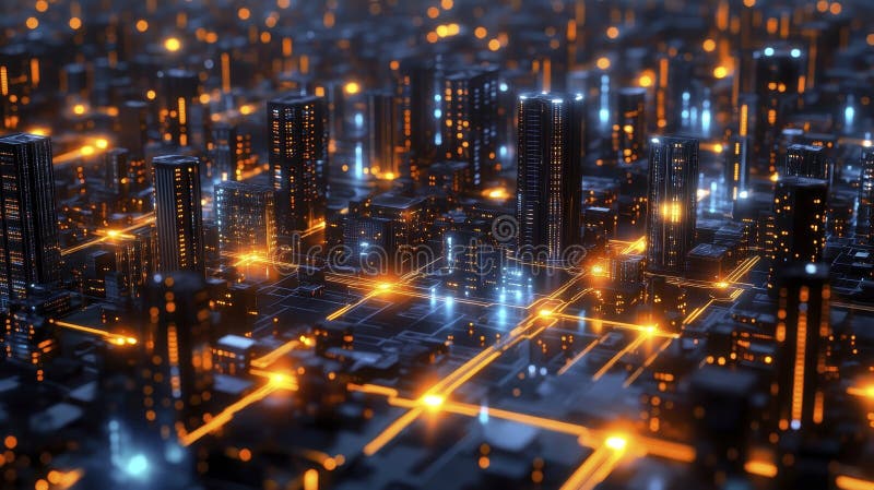 A Futuristic Cityscape with Glowing Lights and a Complex Grid. Stock ...
