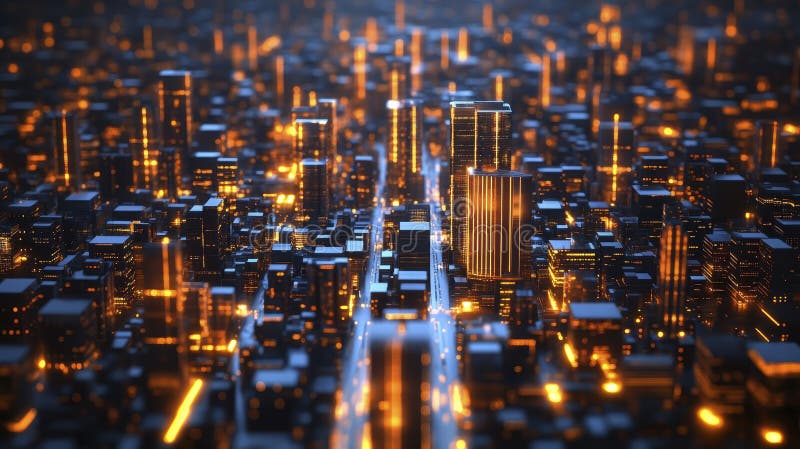 A Futuristic Cityscape with Glowing Lights and a Complex Grid. Stock ...