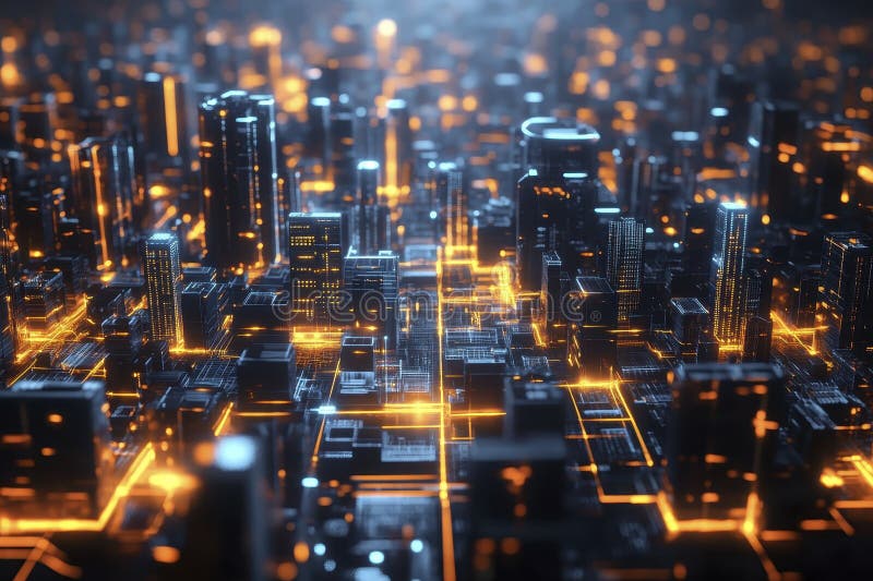 A Futuristic Cityscape with Glowing Lights and a Complex Grid. Stock ...