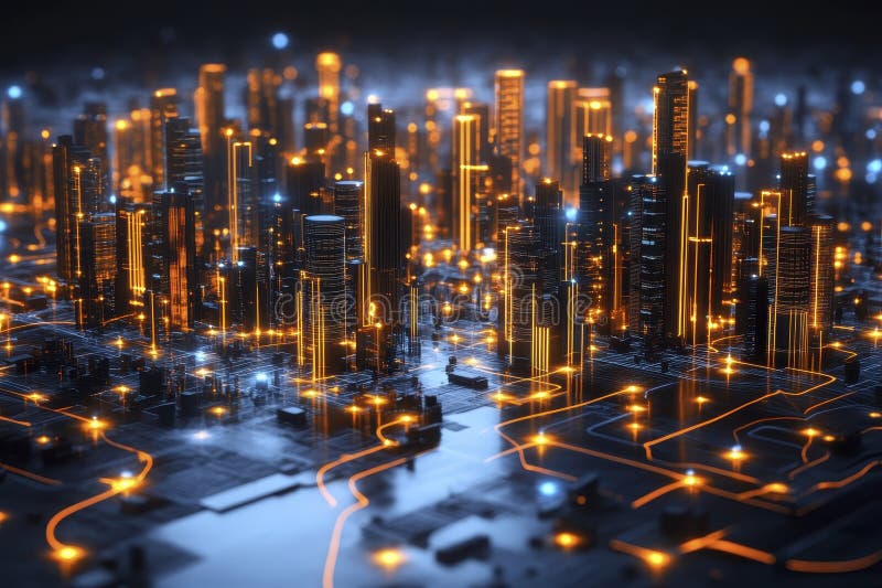 A Futuristic Cityscape with Glowing Lights and a Complex Grid. Stock ...