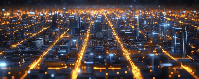 A Futuristic Cityscape with Glowing Lights and a Complex Grid. Stock ...