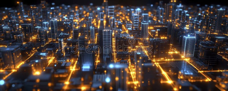 A Futuristic Cityscape with Glowing Lights and a Complex Grid. Stock ...
