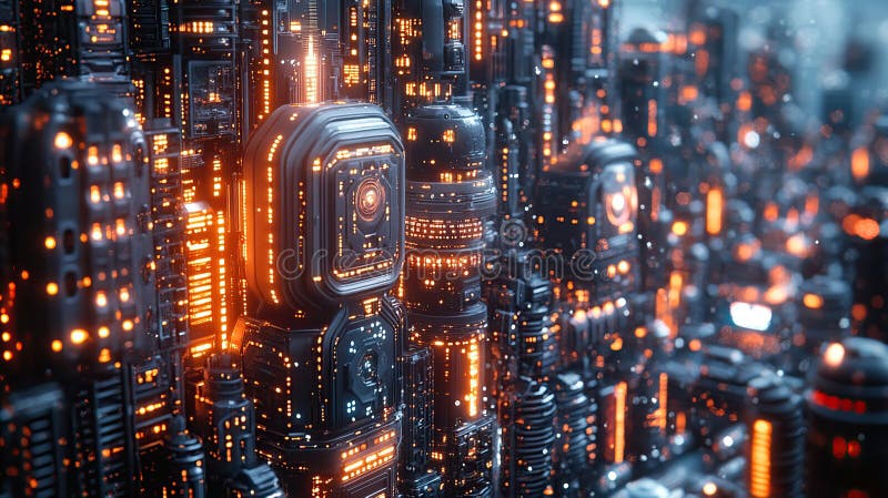 Futuristic Cityscape with Glowing Orange and Black Structures ...