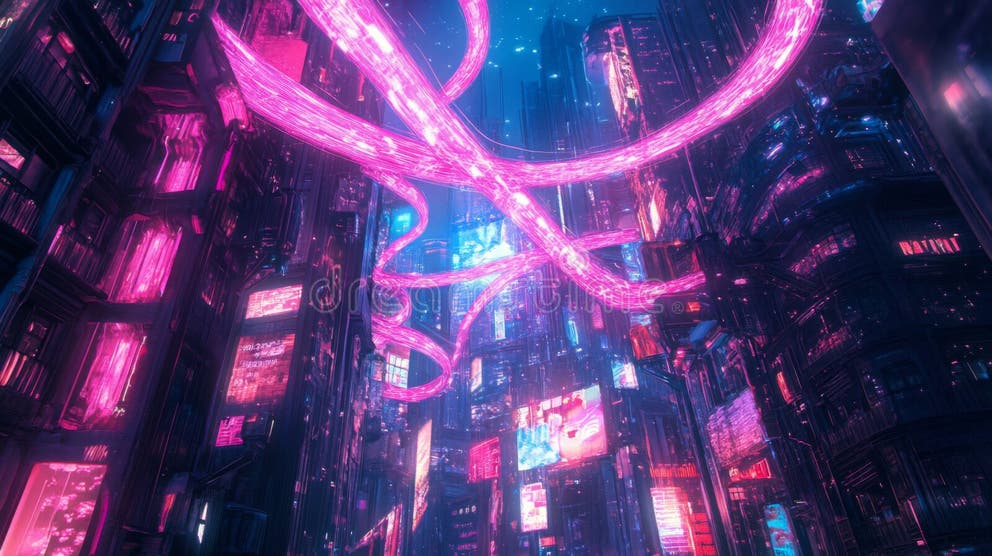Futuristic Cityscape with Glowing Pink Pathways Stock Illustration ...