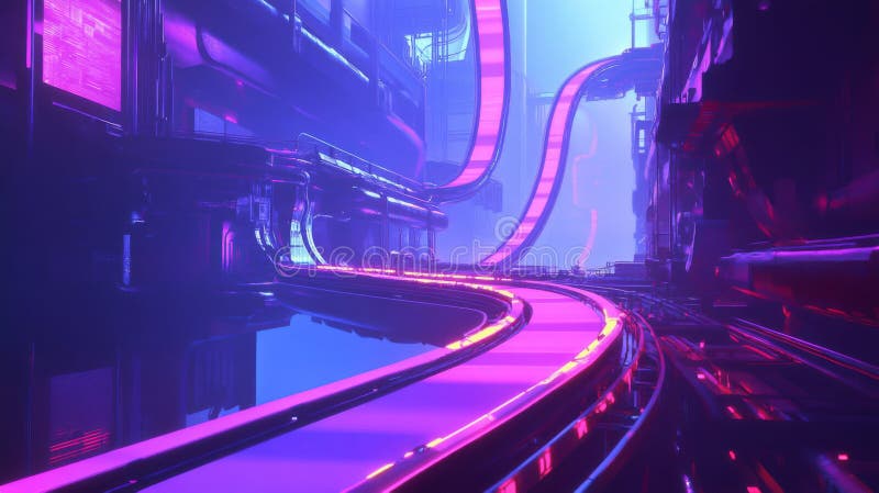 Futuristic Cityscape with Glowing Pink Pathways Stock Illustration ...