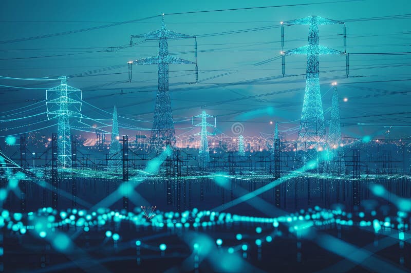 Futuristic Cityscape with Glowing Powerlines Lights and Abstract ...