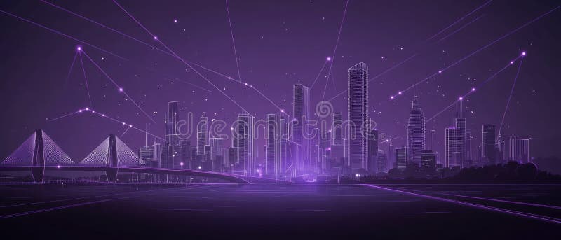 Futuristic Cityscape with Glowing Purple Lines Representing Network ...