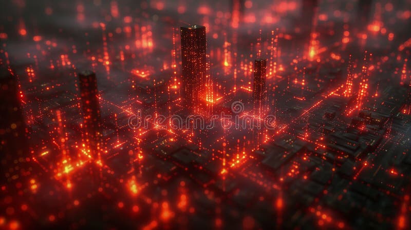 Futuristic Cityscape with Glowing Red Digital Lights Stock Illustration ...