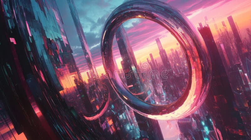 Futuristic Cityscape with a Glowing Ring Structure Stock Illustration ...