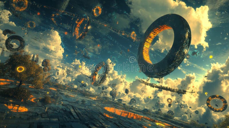 Futuristic Cityscape with Glowing Rings in the Sky Stock Illustration ...