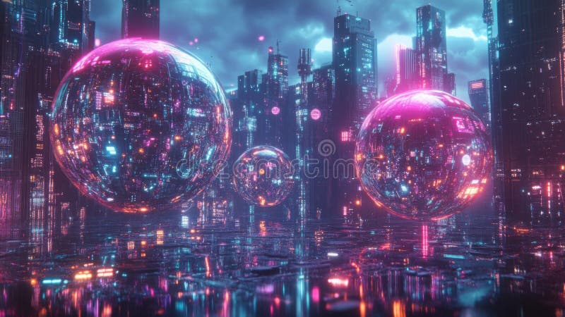 Futuristic Cityscape with Glowing Spheres Stock Illustration ...