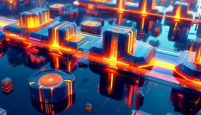 Futuristic Cityscape with Glowing Structures and Reflective Water at ...