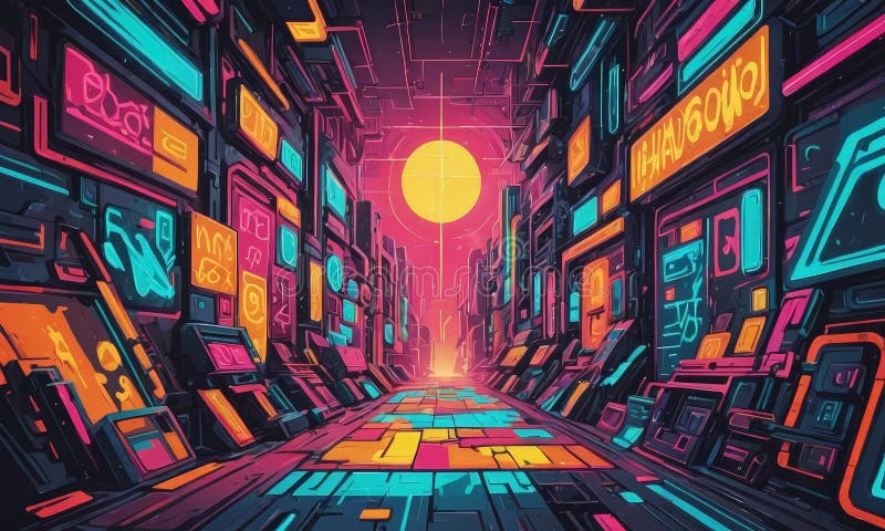 Futuristic Cityscape with Glowing Yellow Sun at the Center, Surrounded ...