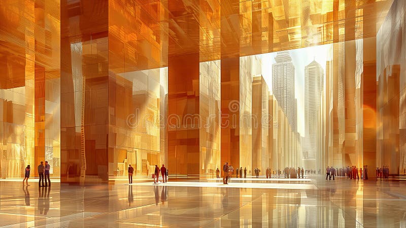 Futuristic Cityscape with Golden Glass Structures and People Stock ...