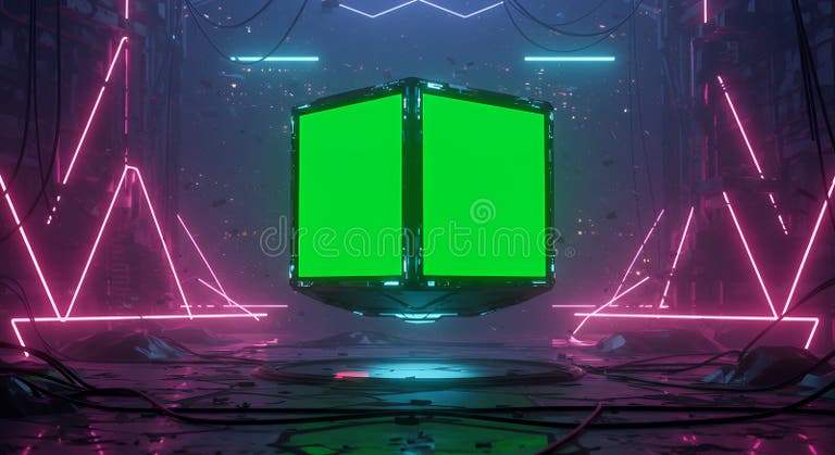 Futuristic Cityscape with Green Screen Cube Stock Illustration ...