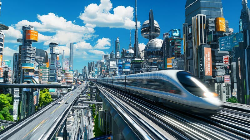 Futuristic Cityscape with a High-speed Train Traveling on an Elevated ...