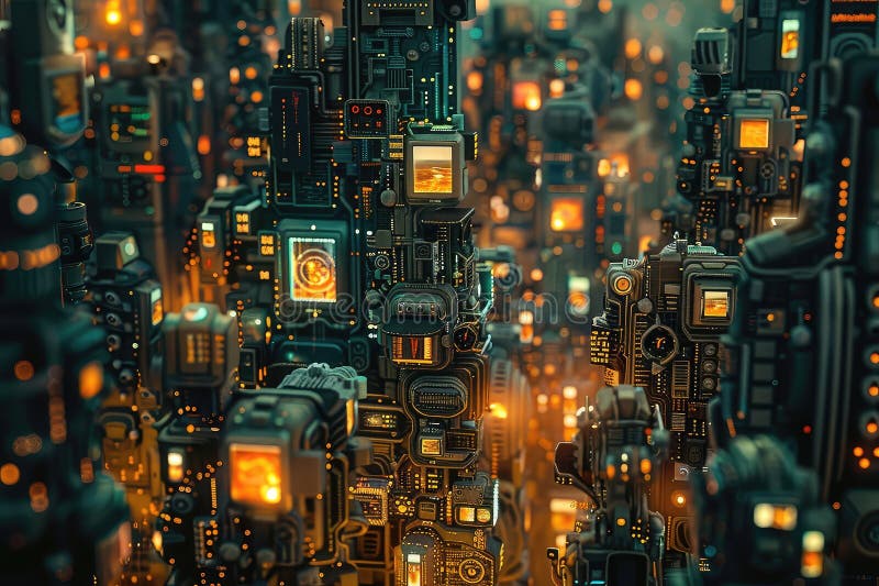 Futuristic Cityscape with High-Tech Buildings and Neon Lights Stock ...