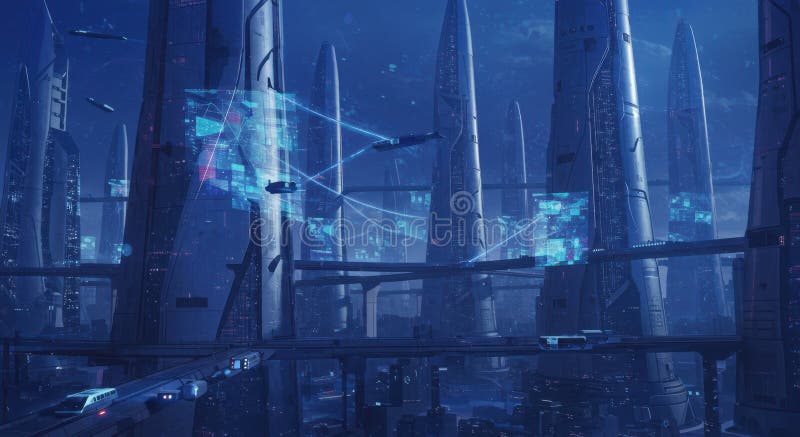 Futuristic Cityscape with High-tech Skyscrapers and Floating Holograms ...