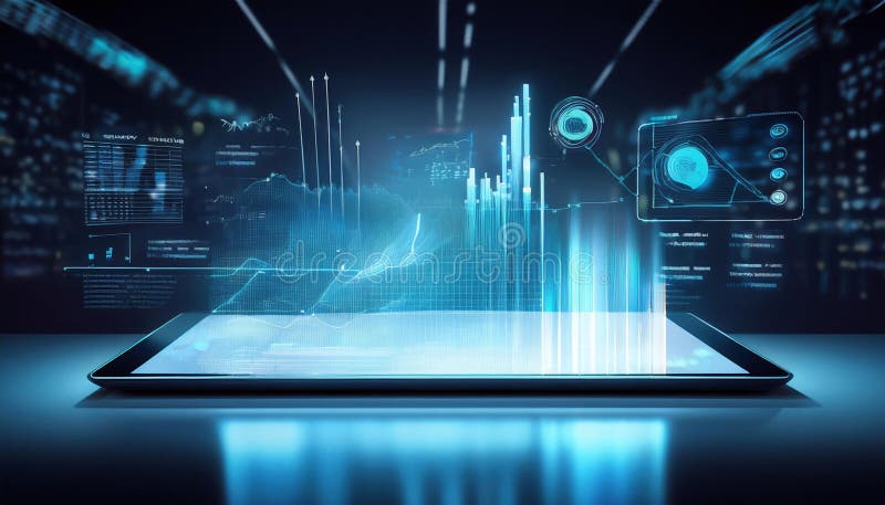 Futuristic Cityscape with a High-Tech Tablet Showcasing Digital ...