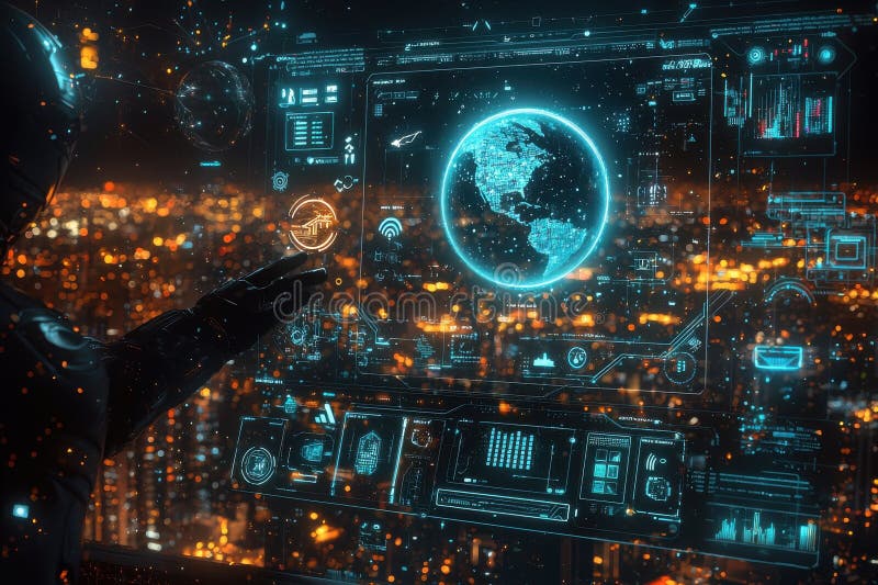 Futuristic Cityscape with Holographic Digital Data Interface Overlay ...