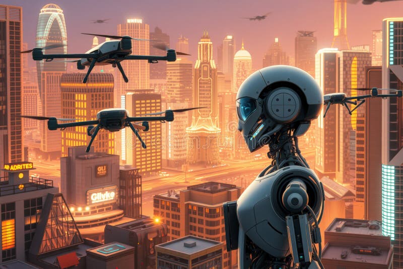 Futuristic Cityscape with Humanoid Robot and Drones Flying Over ... Futuristic Cityscape with Humanoid Robot and Drones Flying Over ...