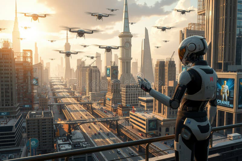 Futuristic Cityscape with Humanoid Robot Overlooking Bustling Skyline ... Futuristic Cityscape with Humanoid Robot Overlooking Bustling Skyline ...