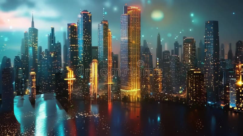 Futuristic Cityscape Glowing with Digital Data Flowing at Night Stock ...